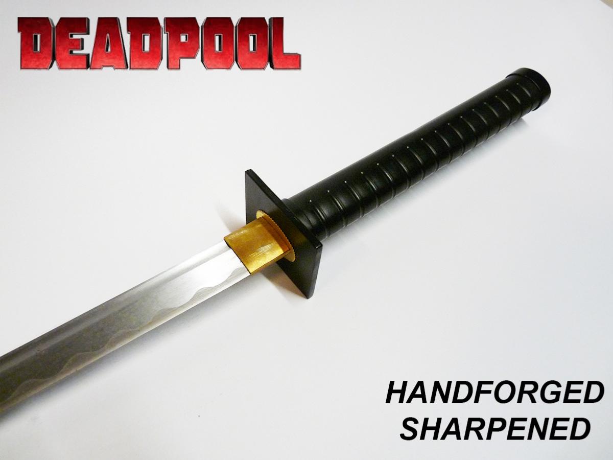 DEADPOOL - REPLIQUE SABRE KATANA LAME FORGE MAIN AFFUTEE TRANCHANT + SUPPORT BOIS (REPRODUCTION ...