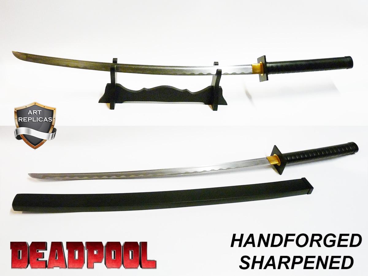 DEADPOOL - REPLIQUE SABRE KATANA LAME FORGE MAIN AFFUTEE TRANCHANT + SUPPORT BOIS (REPRODUCTION ...
