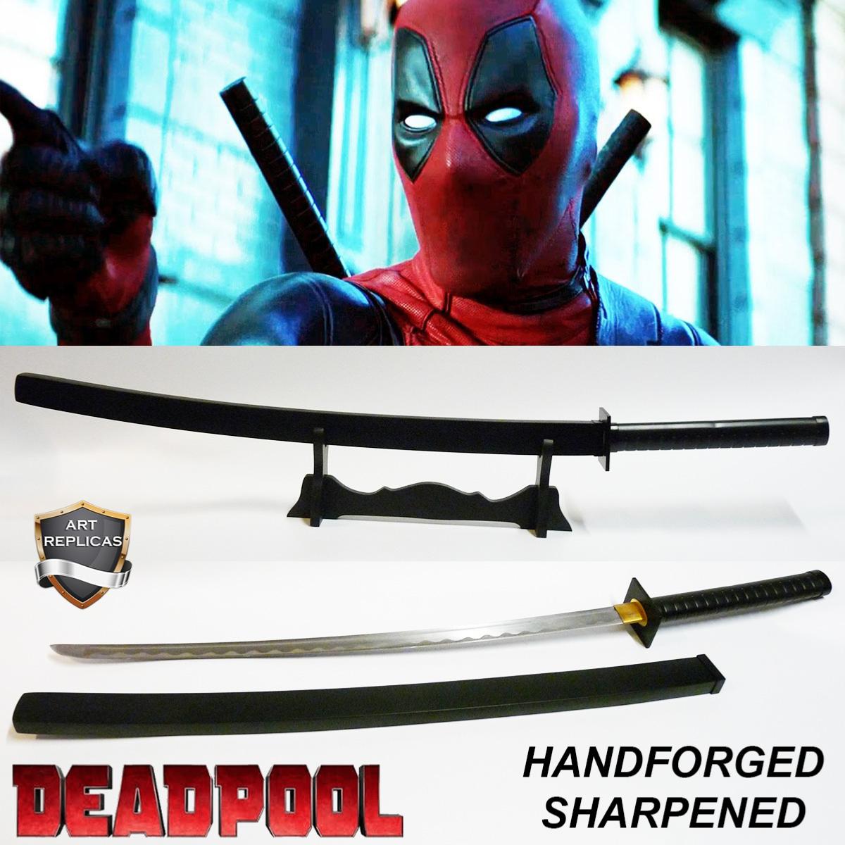 DEADPOOL - REPLIQUE SABRE KATANA LAME FORGE MAIN AFFUTEE TRANCHANT + SUPPORT BOIS (REPRODUCTION ...